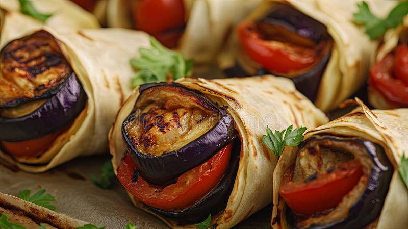 Veggie Wraps with Grilled Eggplant Served in Paper Wraps. Stock Image ...