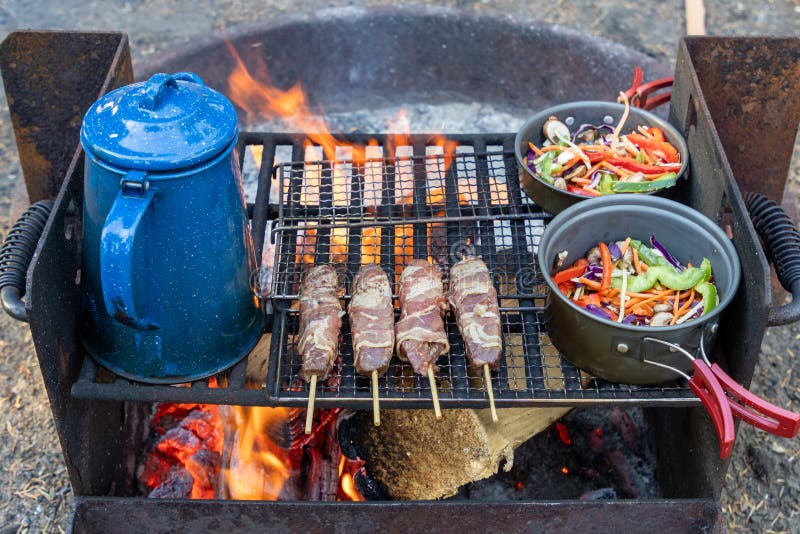 Veggies, Beef and Coffee Over Camp Fire Stock Image - Image of ...