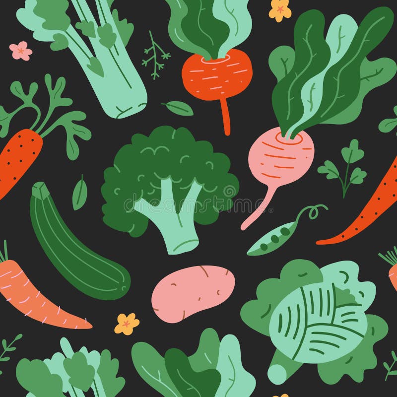 Veggies Pattern, Seamless Background with Hand Drawn Doodle Vegetables ...