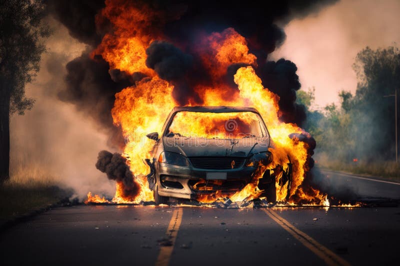 Vehicle Accident with a Car on Fire. Generative AI Stock Illustration ...