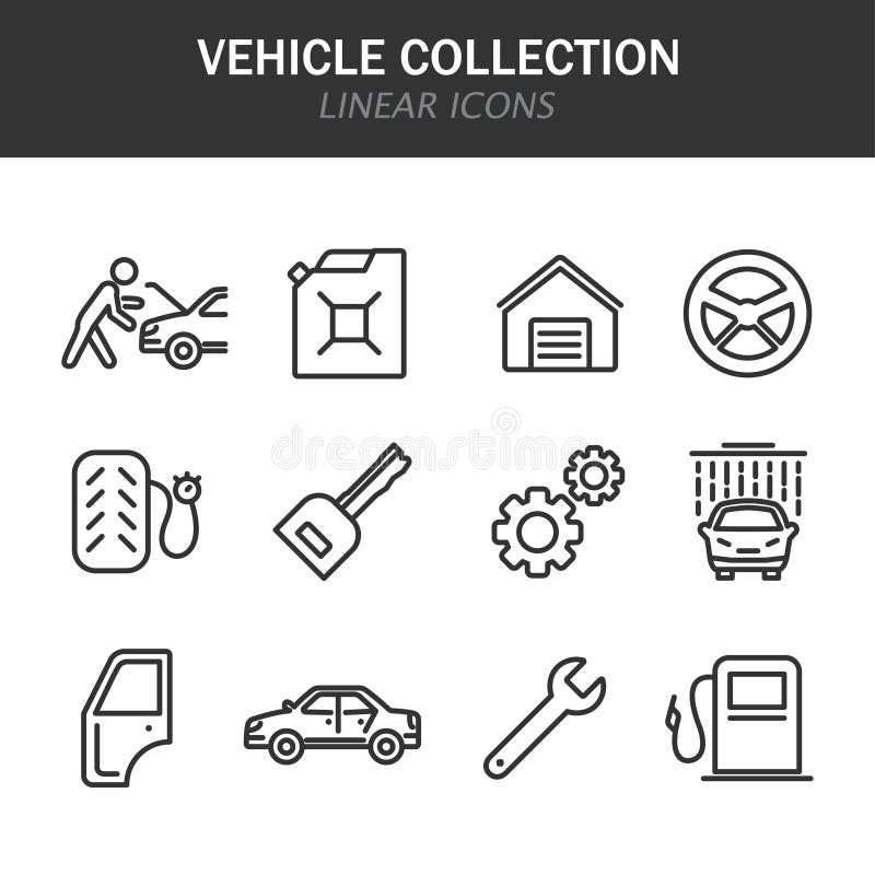 Vehicle Collection Linear Icons in Black on a White Background Stock ...
