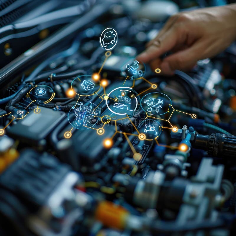 Car Mechanic Hand Holding Car Engine Icon and Other Symbols, Digital ...