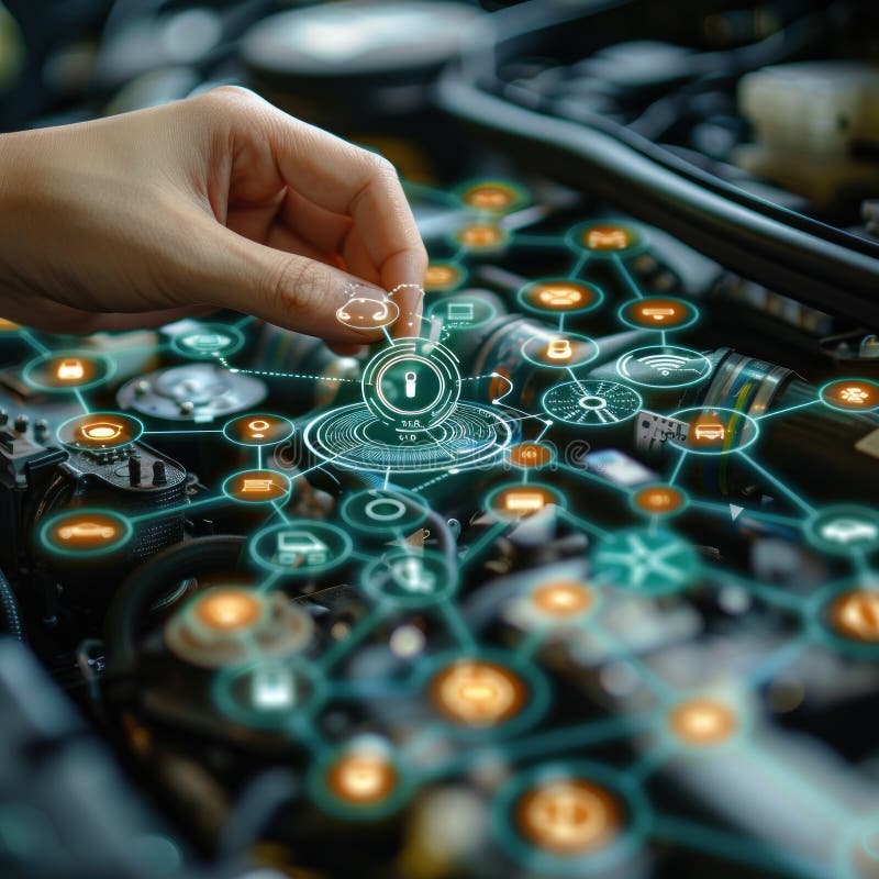 Car Mechanic Hand Holding Car Engine Icon and Other Symbols, Digital ...