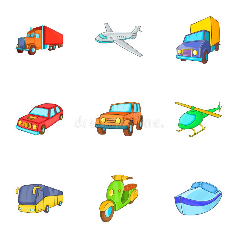 Vehicle Icons Set, Cartoon Style Stock Vector - Illustration of drawn ...