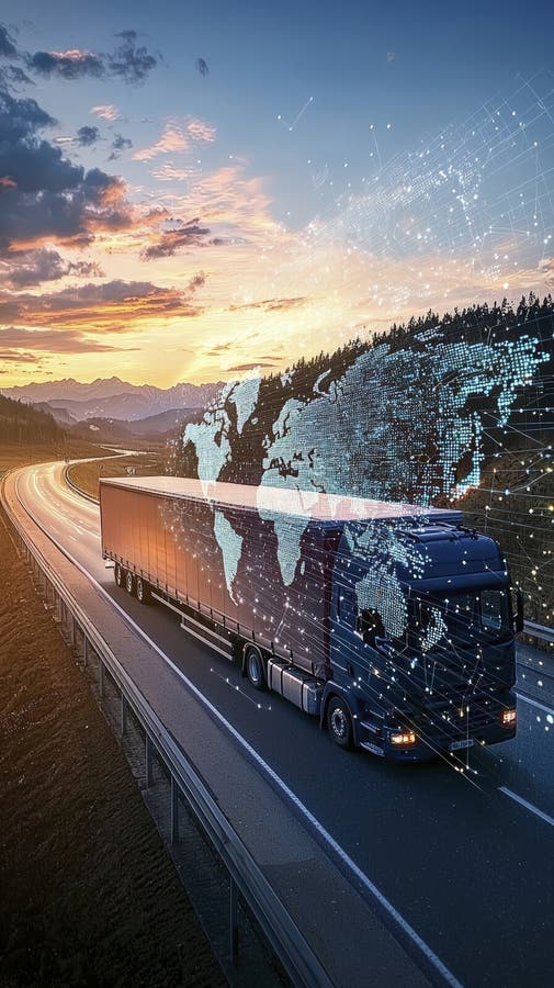 Vehicle on Road with Digital World Map Projection Art Stock ...