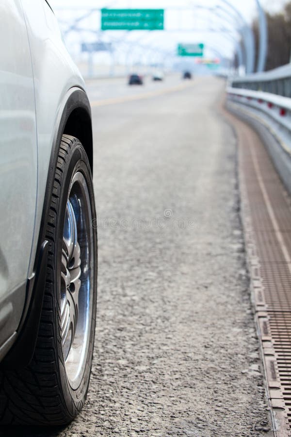 Vehicle Side View Standing on Highway Route, Closeup Stock Photo ...