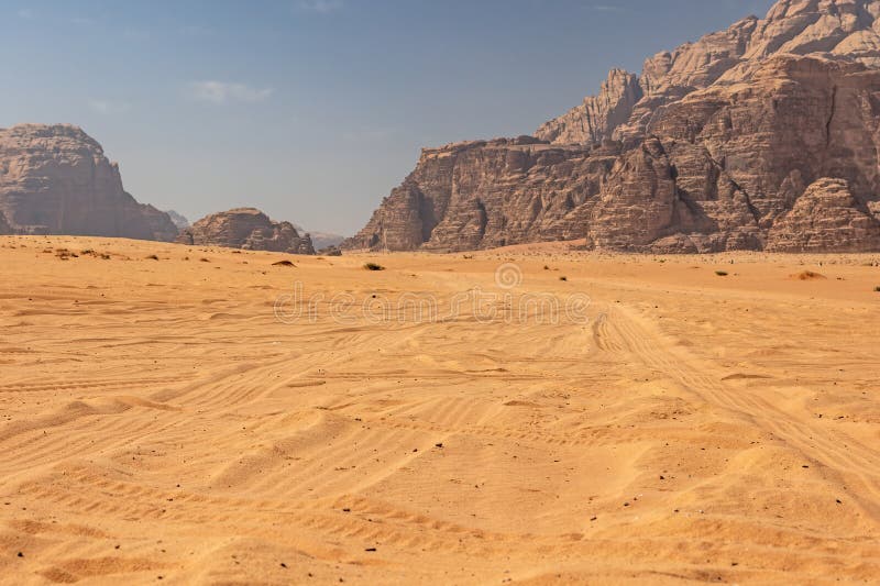 Vehicle Tracks in the Desert Sand at Wadi Rum. Jordan Stock Photo ...