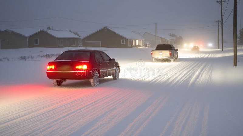 Vehicles Driving on Snow-covered Road at Night in Winter Storm Stock ...
