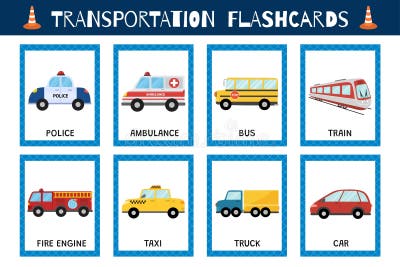 Transportation Flashcards Collection for Kids. Vehicles Flash Cards Set ...