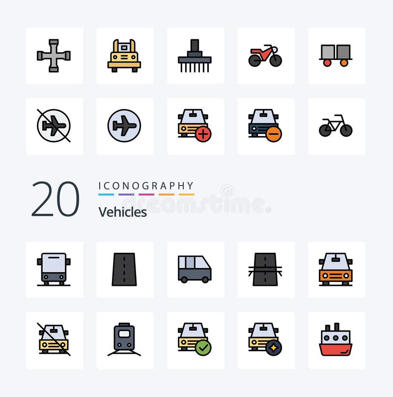 20 Vehicles Line Filled Color Icon Pack Like Grid Construction Path ...