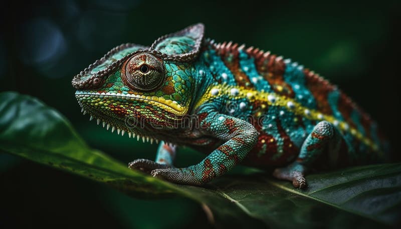 The Veiled Chameleon Green and Blue Scales Shine in Magnification ...