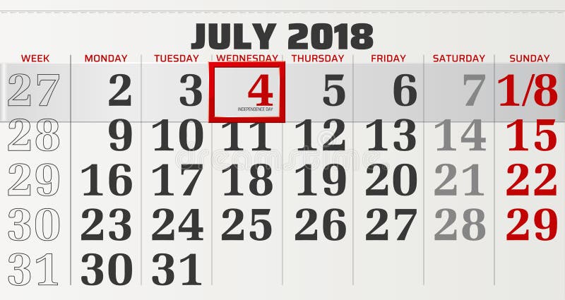 Vektorkalender Vom Juli 2018 Vektor Abbildung - Illustration von ...