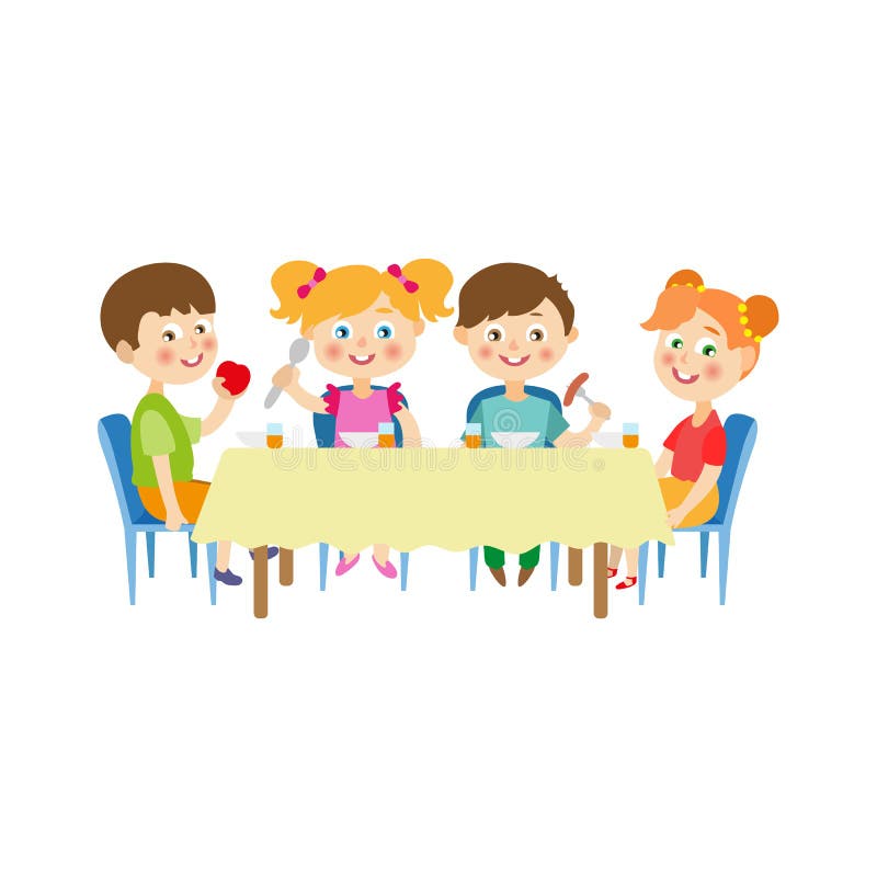 Vektorkinder, Die Bei Tisch Das Essen am Lager Sitzen Vektor Abbildung ...
