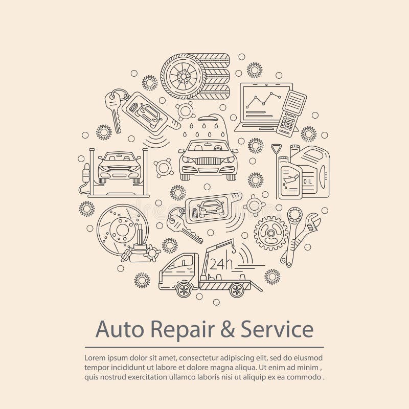 Vektorkort Med Symboler Av Bilservice Vektor Illustrationer ...