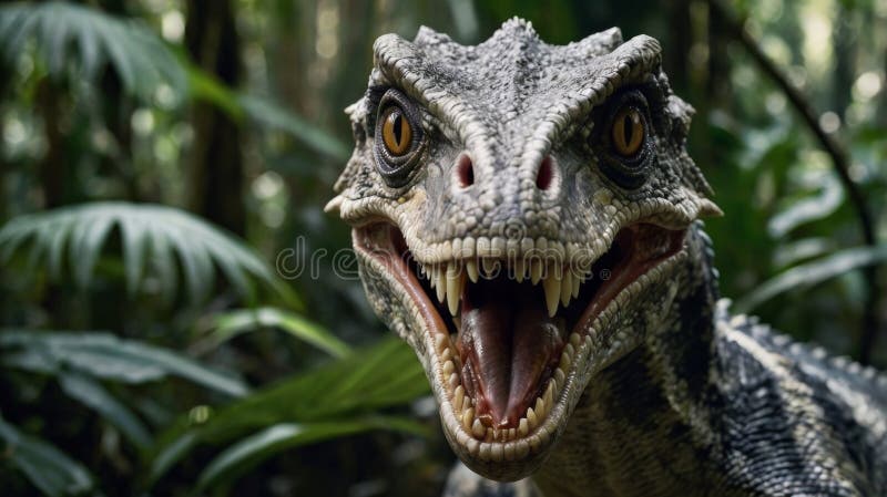 A Velociraptor in a Dense Jungle, Focusing on Sharp Teeth and Piercing ...