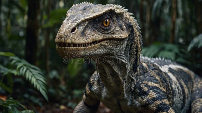 A Velociraptor in a Dense Jungle, Focusing on Sharp Teeth and Piercing ...