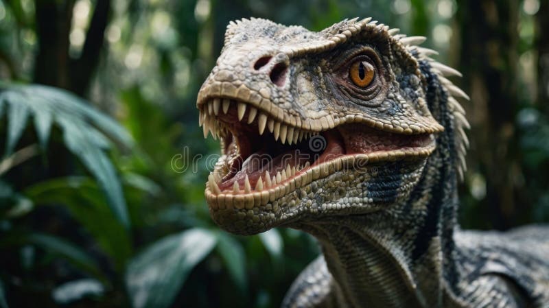 A Velociraptor in a Dense Jungle, Focusing on Sharp Teeth and Piercing ...