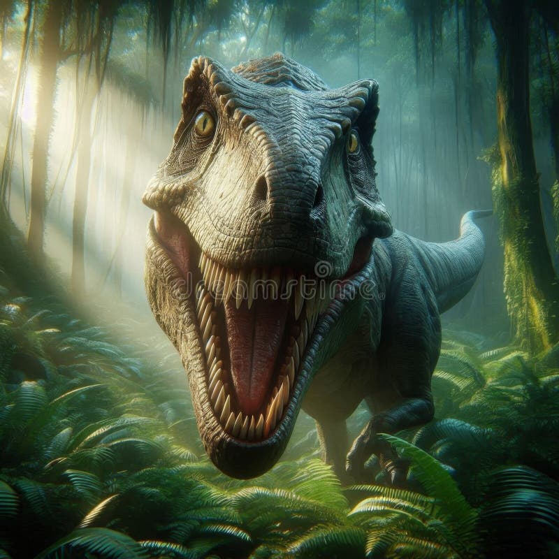 A Velociraptor in a Dense Jungle, Focusing on Sharp Teeth and Piercing ...