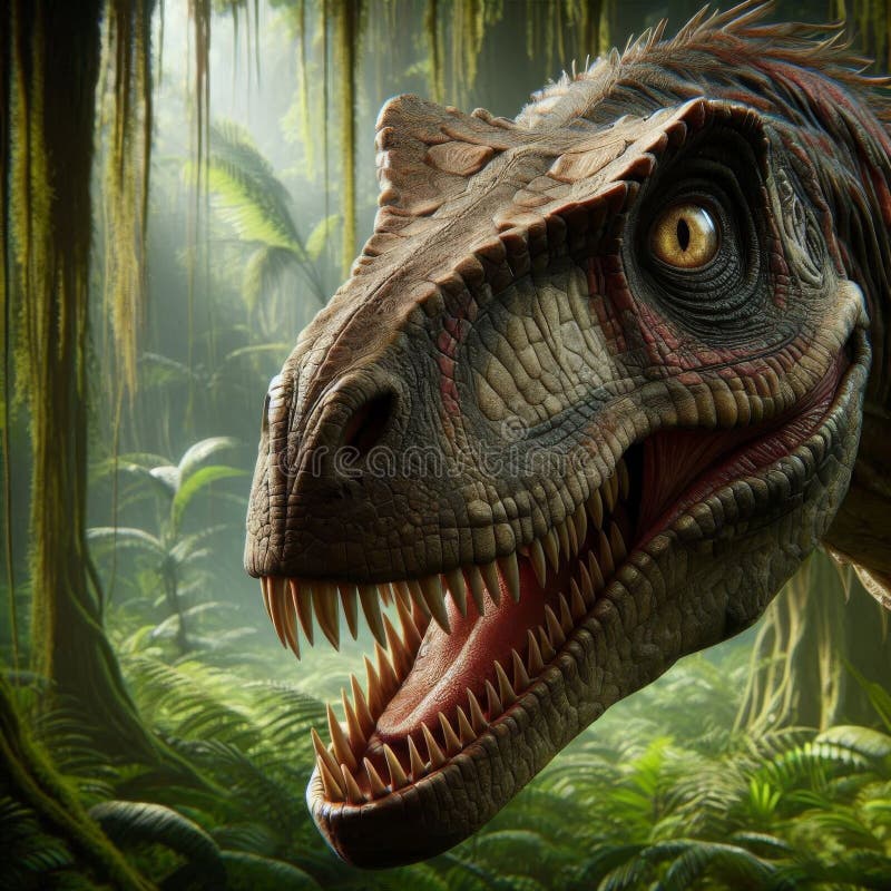 A Velociraptor in a Dense Jungle, Focusing on Sharp Teeth and Piercing ...