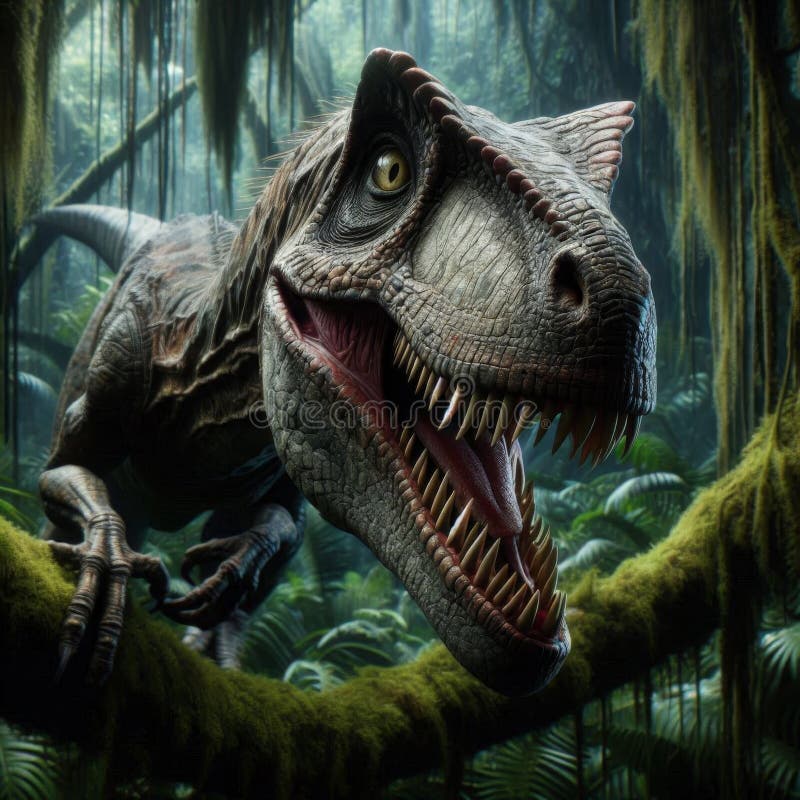 A Velociraptor in a Dense Jungle, Focusing on Sharp Teeth and Piercing ...