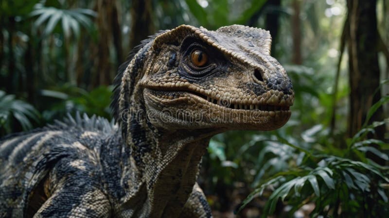 A Velociraptor in a Dense Jungle, Focusing on Sharp Teeth and Piercing ...