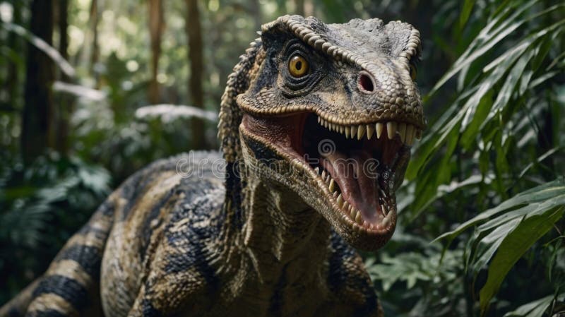 A Velociraptor in a Dense Jungle, Focusing on Sharp Teeth and Piercing ...
