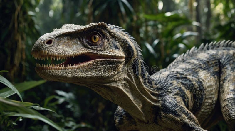 A Velociraptor in a Dense Jungle, Focusing on Sharp Teeth and Piercing ...