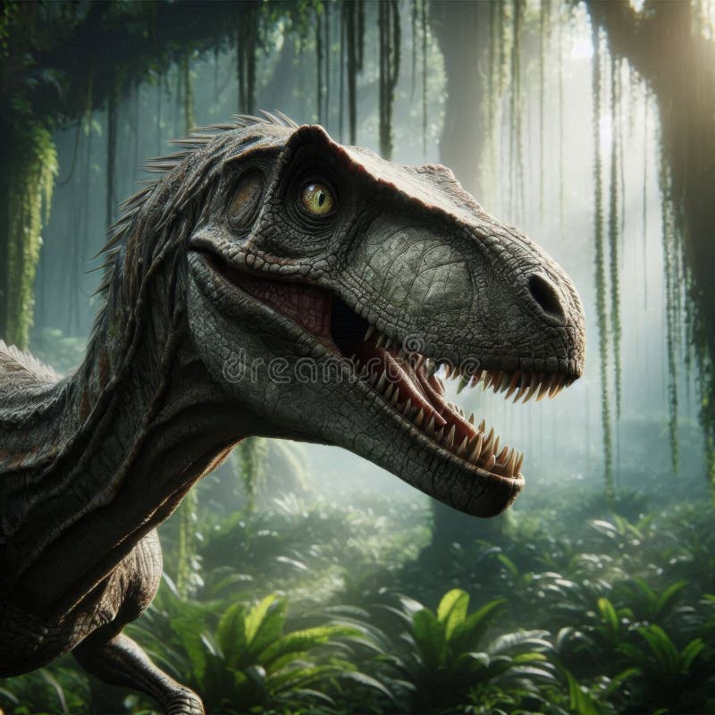 A Velociraptor in a Dense Jungle, Focusing on Sharp Teeth and Piercing ...