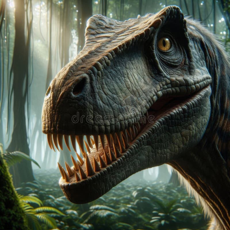 A Velociraptor in a Dense Jungle, Focusing on Sharp Teeth and Piercing ...