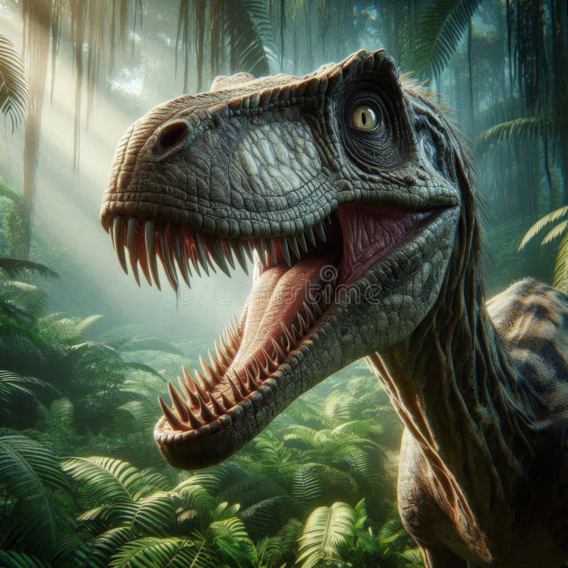 A Velociraptor in a Dense Jungle, Focusing on Sharp Teeth and Piercing ...