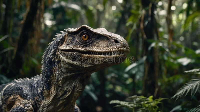 A Velociraptor in a Dense Jungle, Focusing on Sharp Teeth and Piercing ...