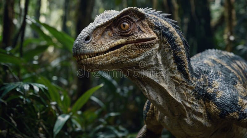 A Velociraptor in a Dense Jungle, Focusing on Sharp Teeth and Piercing ...