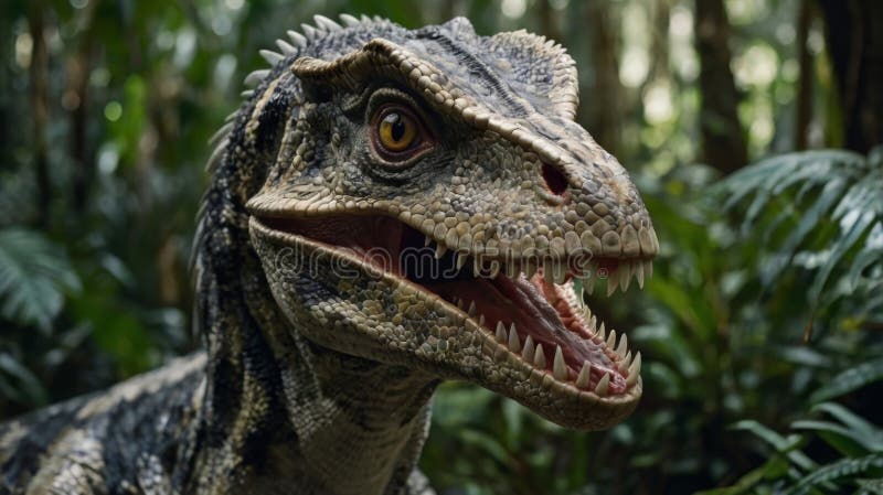 A Velociraptor in a Dense Jungle, Focusing on Sharp Teeth and Piercing ...