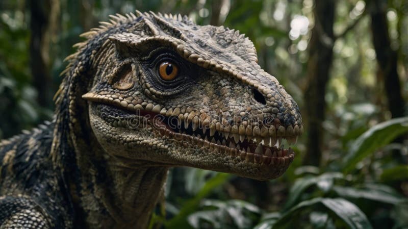 A Velociraptor in a Dense Jungle, Focusing on Sharp Teeth and Piercing ...
