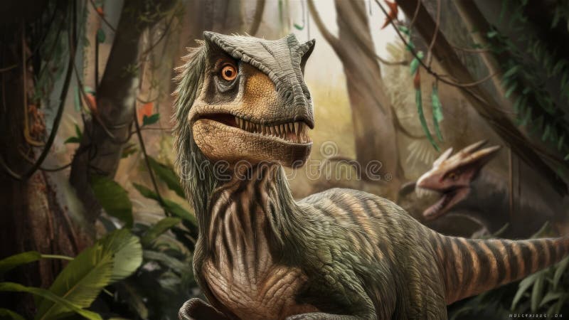 A Velociraptor in a Dense Jungle, Focusing on Sharp Teeth and Piercing ...