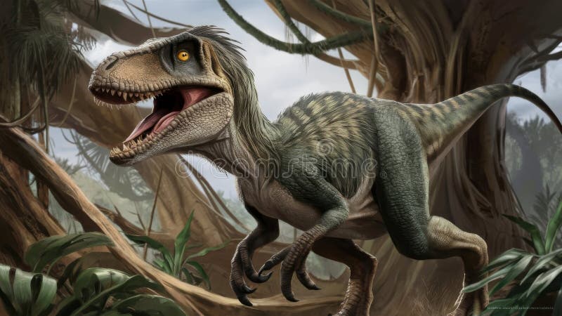 A Velociraptor in a Dense Jungle, Focusing on Sharp Teeth and Piercing ...