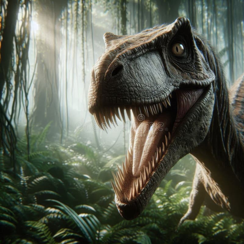 A Velociraptor in a Dense Jungle, Focusing on Sharp Teeth and Piercing ...