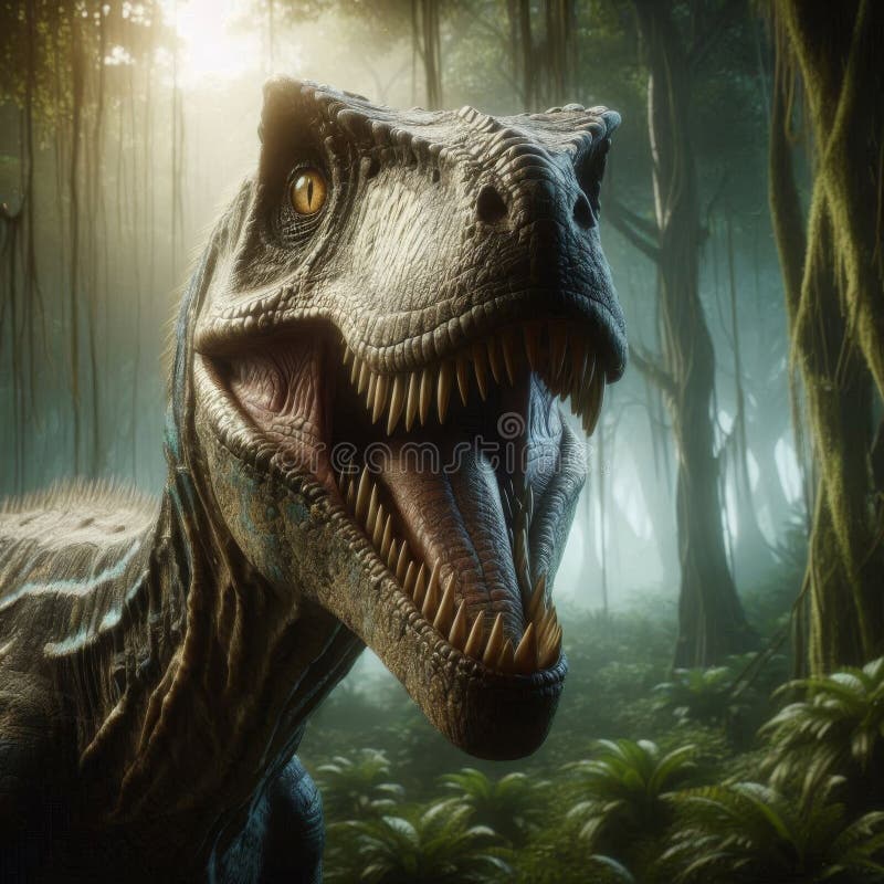 A Velociraptor in a Dense Jungle, Focusing on Sharp Teeth and Piercing ...