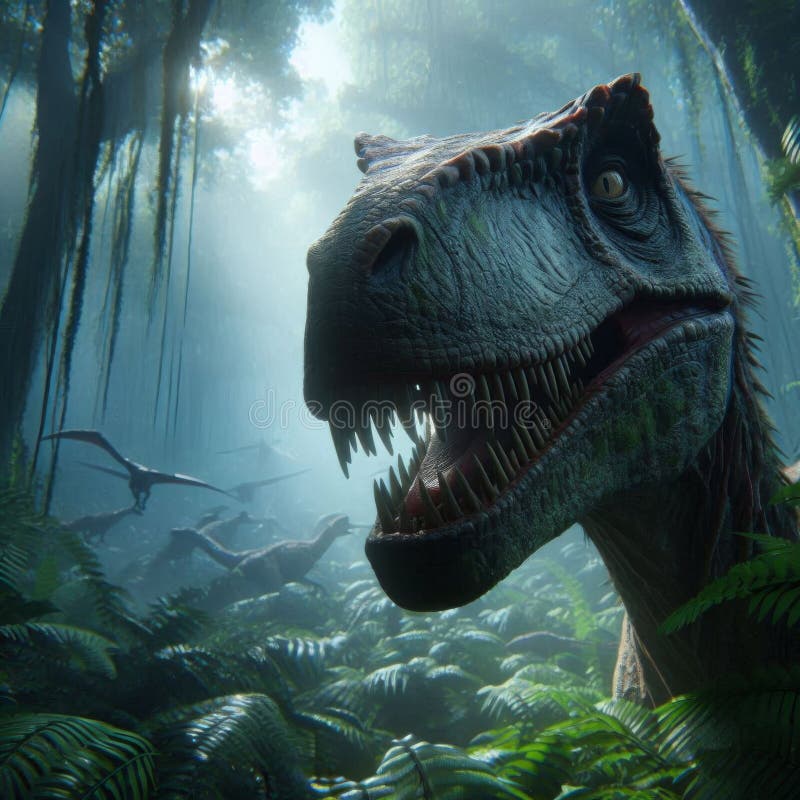 A Velociraptor in a Dense Jungle, Focusing on Sharp Teeth and Piercing ...