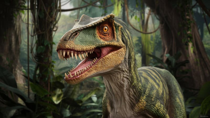 A Velociraptor in a Dense Jungle, Focusing on Sharp Teeth and Piercing ...