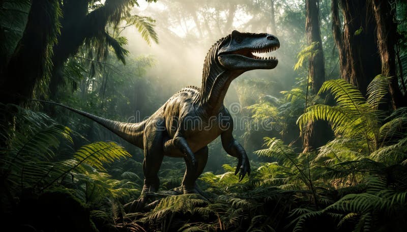 A Velociraptor Dinosaur Standing in a Dense Prehistoric Forest Stock ...
