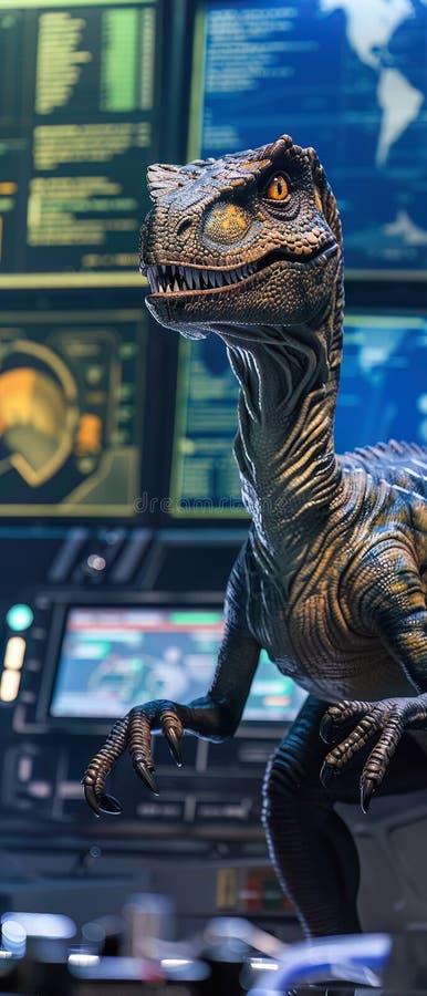 A Velociraptor in a Lab Setting Surrounded by Gadgets and Screens ...