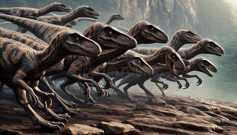 Velociraptors in a Coordinated Hunt, Showcasing Strategy and Agility in ...