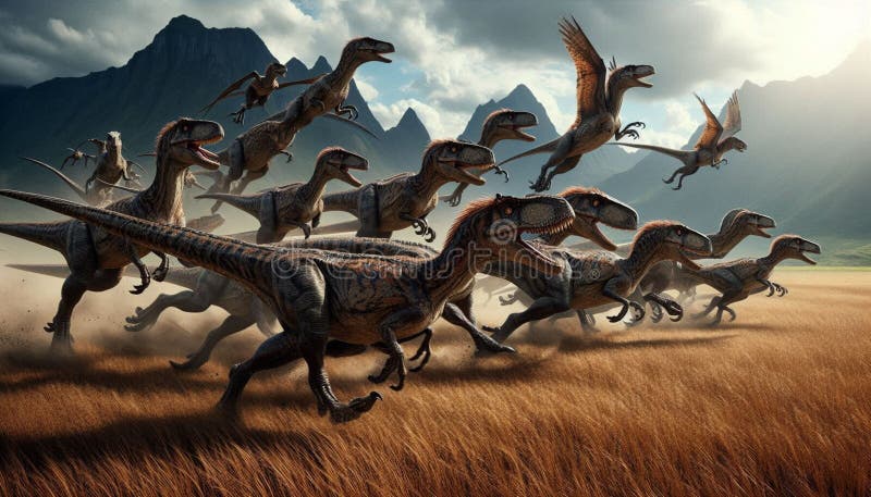 Velociraptors Hunting in a Pack, Showcasing Intelligence and Agility in ...