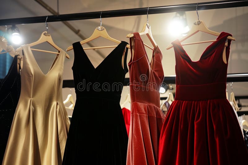 Velvet and Satin Evening Dresses on a Store Rack with Overhead Lighting ...
