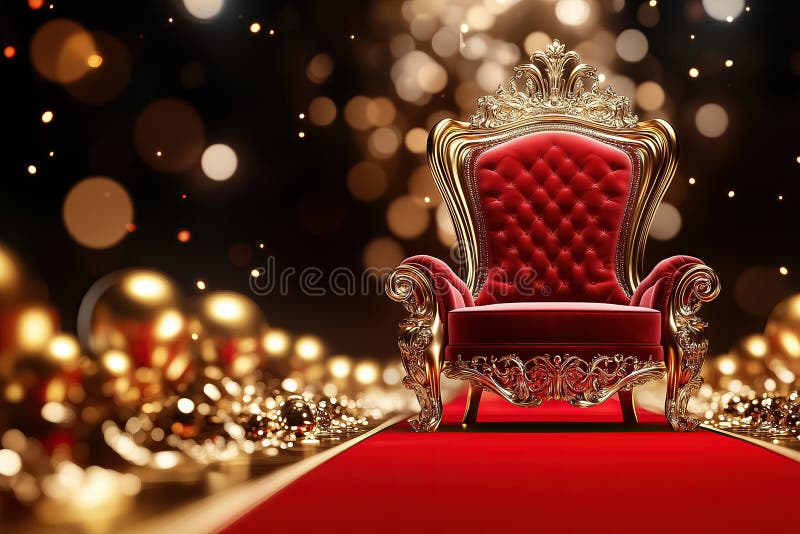 A Velvet Throne Rests on a Red Carpet, Surrounded by Shimmering Gold ...