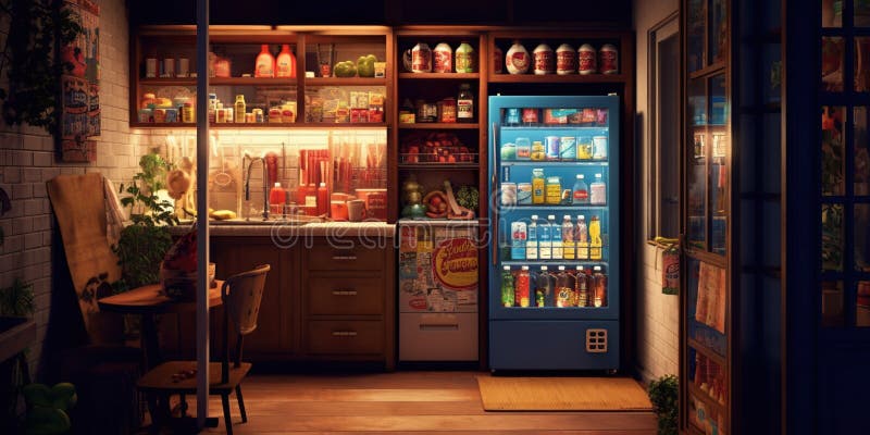 Vending Machine at Night in House Cozy Kitchen, Concept of Artificial ...