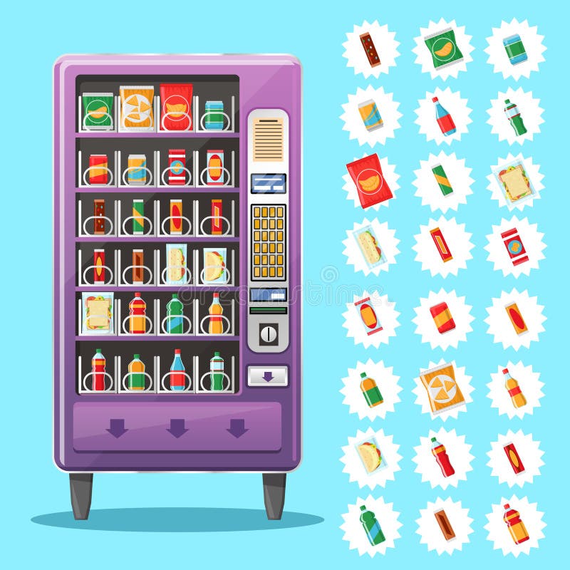 Fast Food Snacks and Drinks Flat Vector Icons. Vending Machine Products ...