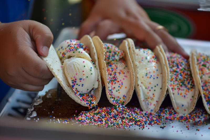 Vendor Preparing an Ice Cream Taco with Sprinkles Stock Illustration ...