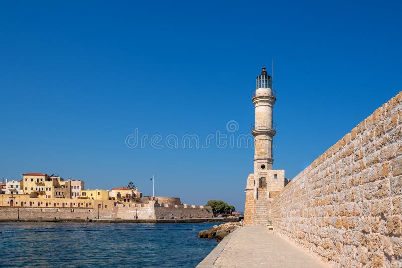Venetian Harbor and Lighthouse in Chania. Crete, Greece Stock Image ...